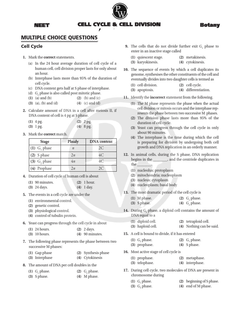 Cell Cycle 100 Questions | PDF | Mitosis | Meiosis