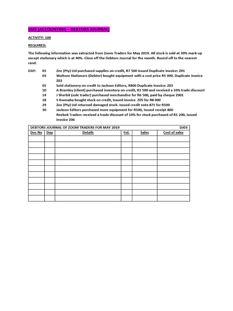 Grade 9 Debtors Journal Activity | PDF