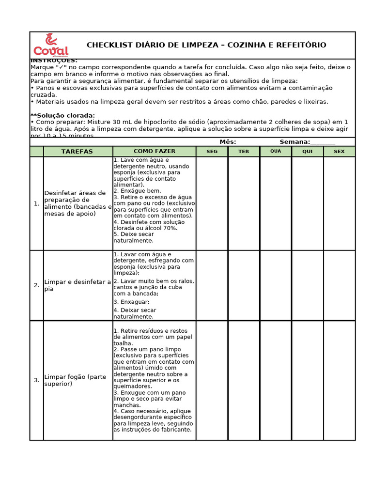Check List Limpeza Mensal - Cozinha e Refeitório | PDF | Cloro