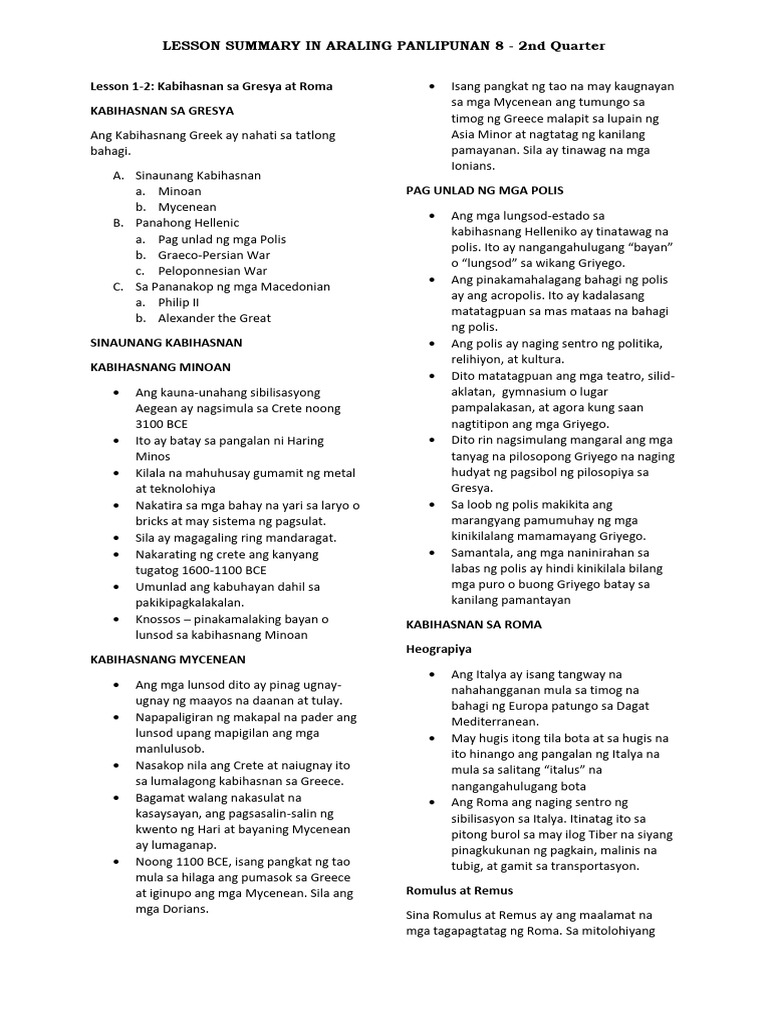 Lesson Summary in AP8 - 2nd Quarter | PDF