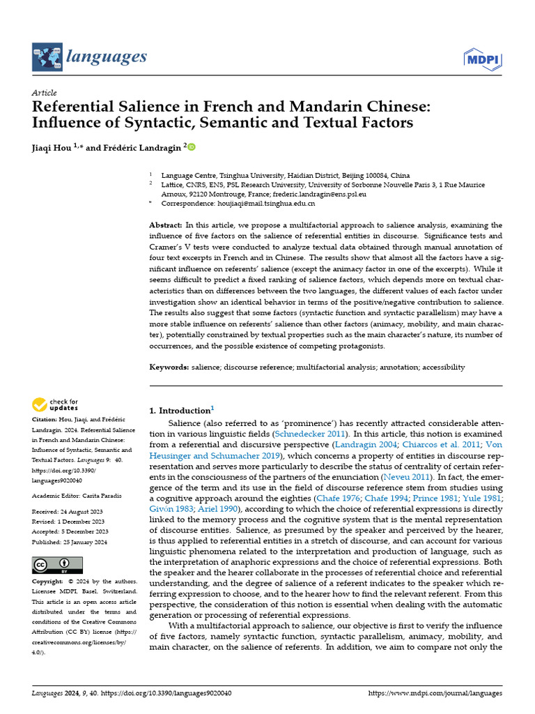 Referential Salience in French and Mandarin Chinese: Influence of Syntactic, Semantic and ...