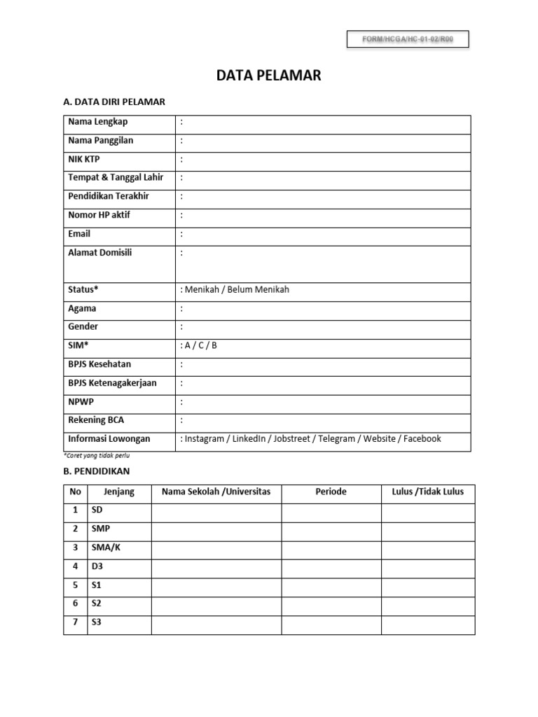 Formulir Aplikasi Kerja Pelamar | PDF
