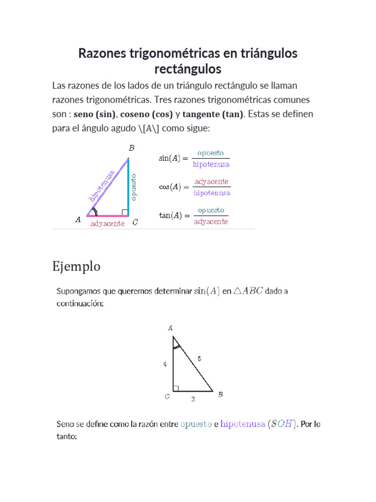 Razones Trigonométricas en Triángulos Rectángulos | PDF | Funciones trigonométricas | Trigonometría