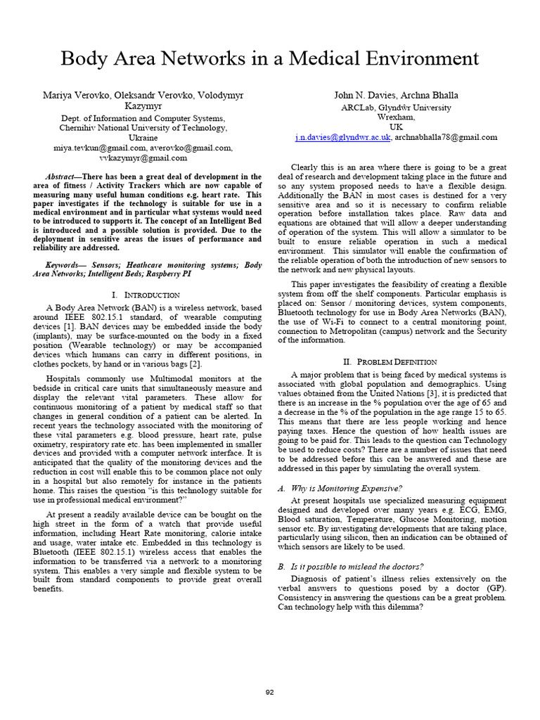 Body Area Networks in A Medical Environment | PDF | Monitoring ...