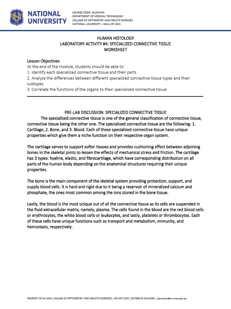 Lab. Act. #4 - Specialized Connective Tissue | PDF | Bone | Connective ...