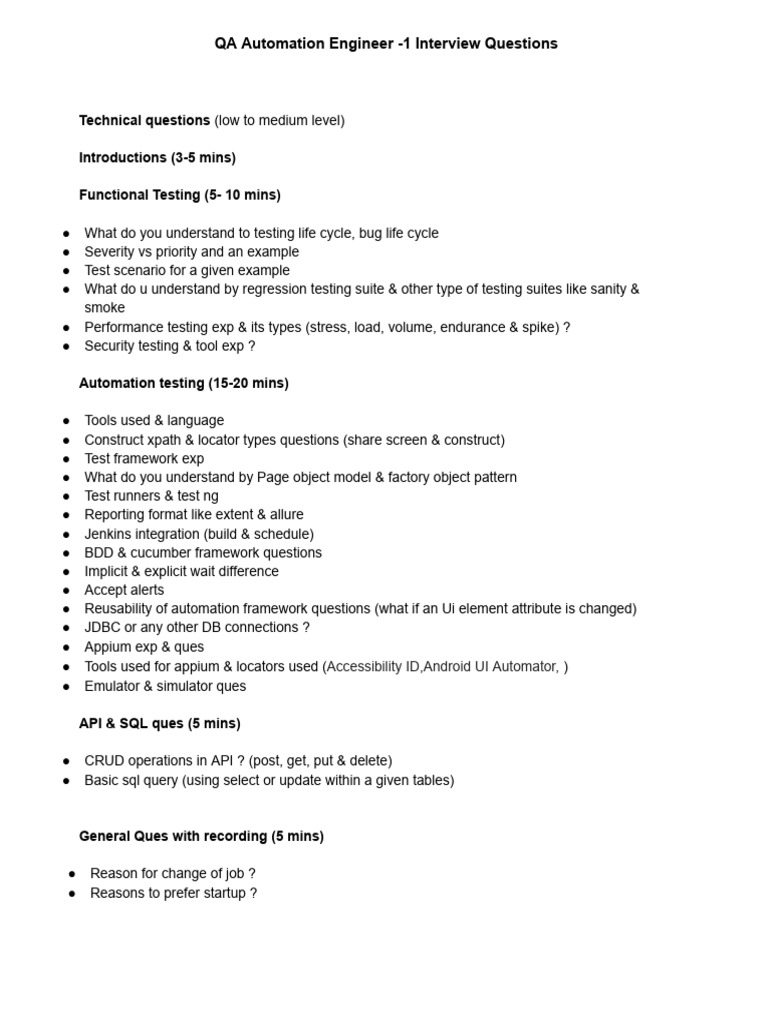 Qa Automation Engineer 1 Interview Questions Pdf Software Engineering Computing 1734