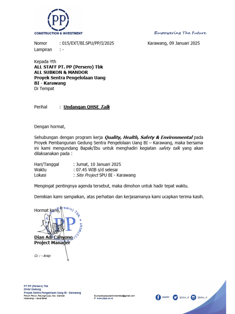 Undangan QHSE Talk Proyek BI Karawang | PDF