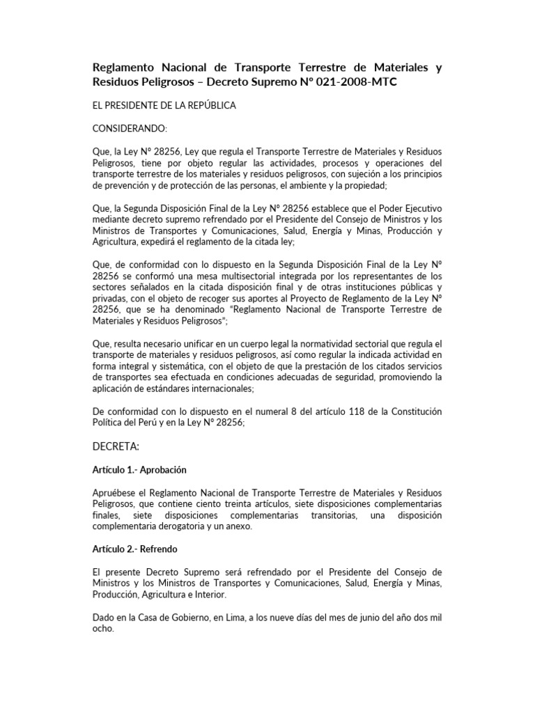 Reglamento Nacional de Transporte Terrestre de Materiales y Residuos Peligrosos – DS Nº 021 2008 ...