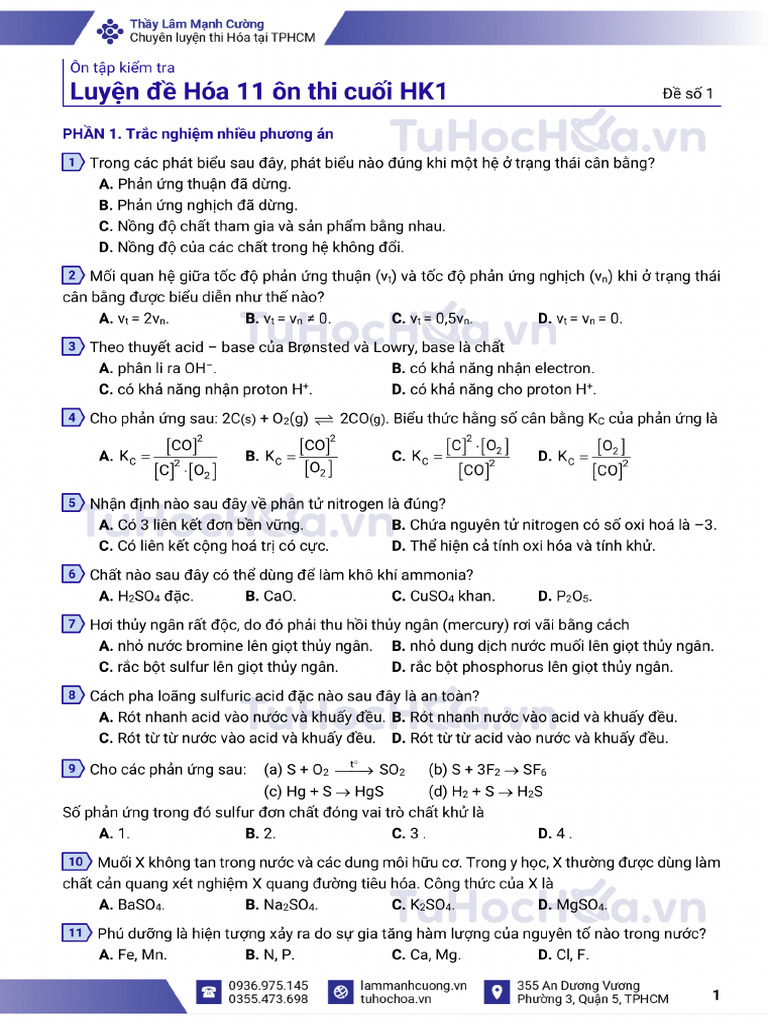 Ôn Tập Hóa 11 Cuối HK1 Lần 1 (1) | PDF