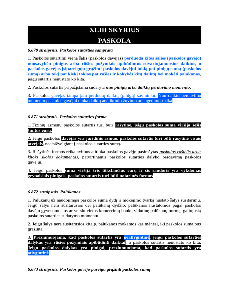 Xliii Skyrius Paskola: 6.870 Straipsnis. Paskolos Sutarties Samprata | PDF