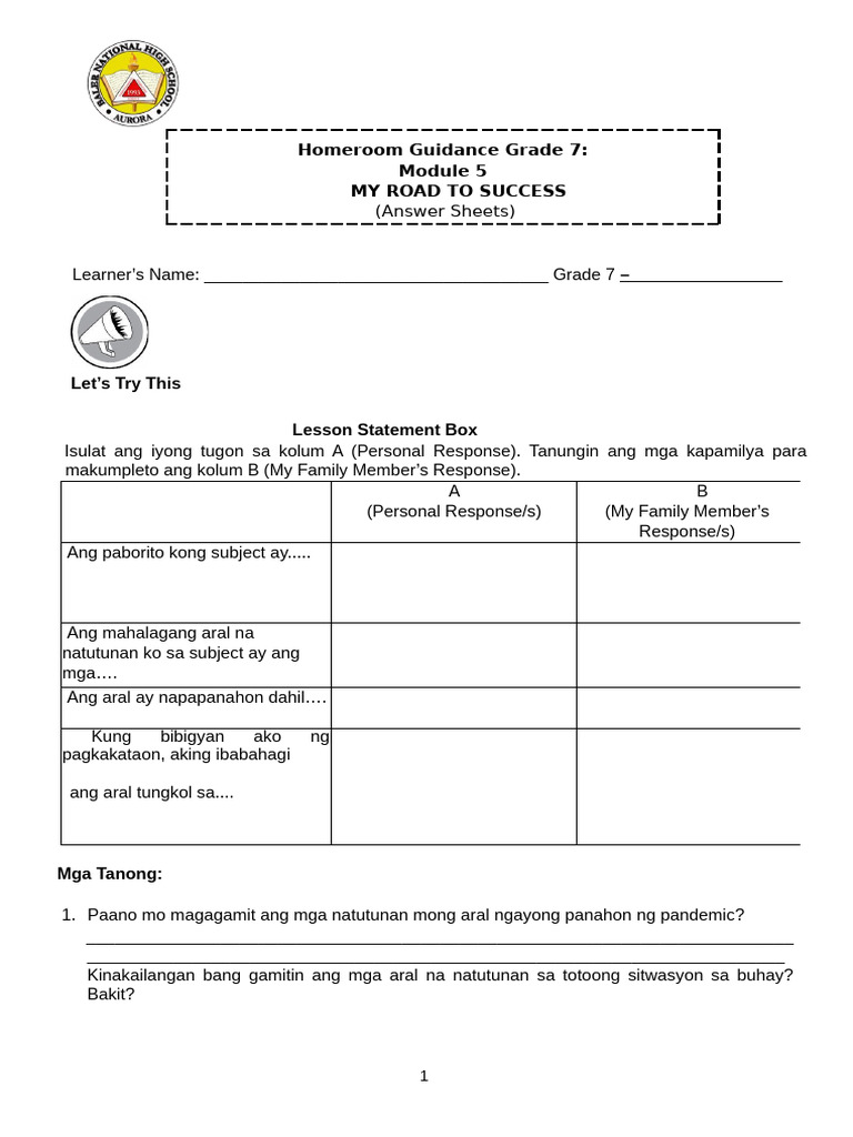 HGP G7 Q2 M5 Answer Sheets | PDF
