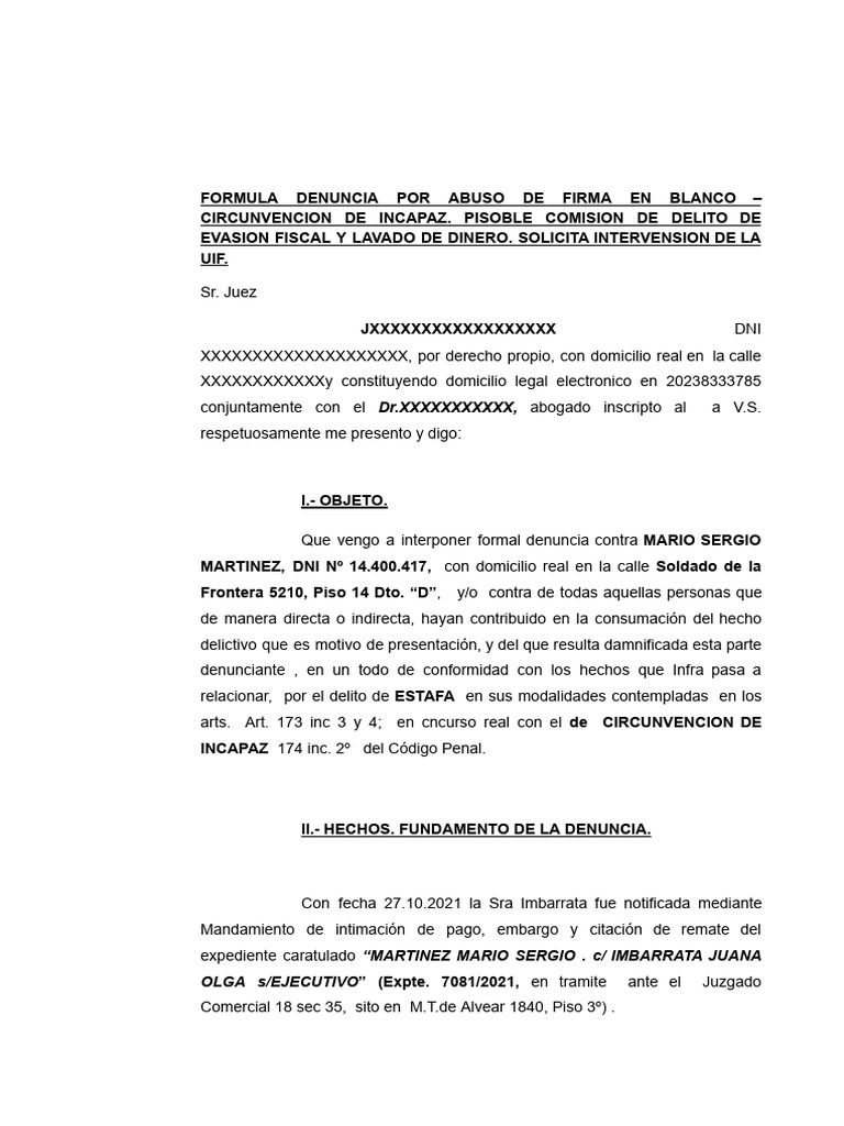 Formula Denuncia | PDF | Intención (Derecho Penal) | Derecho penal