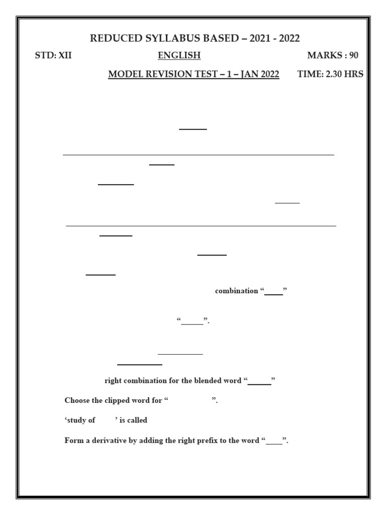 12th English - 1st Revision Test 2021-22 Model Question Paper | PDF ...