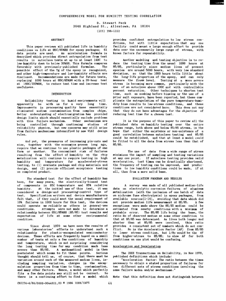 Humidity Testing Correlation in Peck Comprehensive Model | PDF | Linear ...
