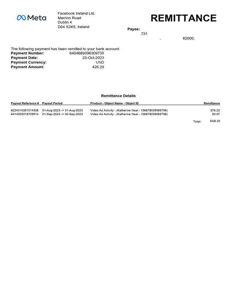 Facebook Ireland Payment Remittance Details | PDF