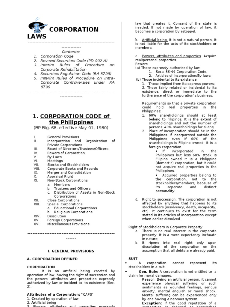 Corporation Laws: 1. Corporation Code of The Philippines | PDF ...