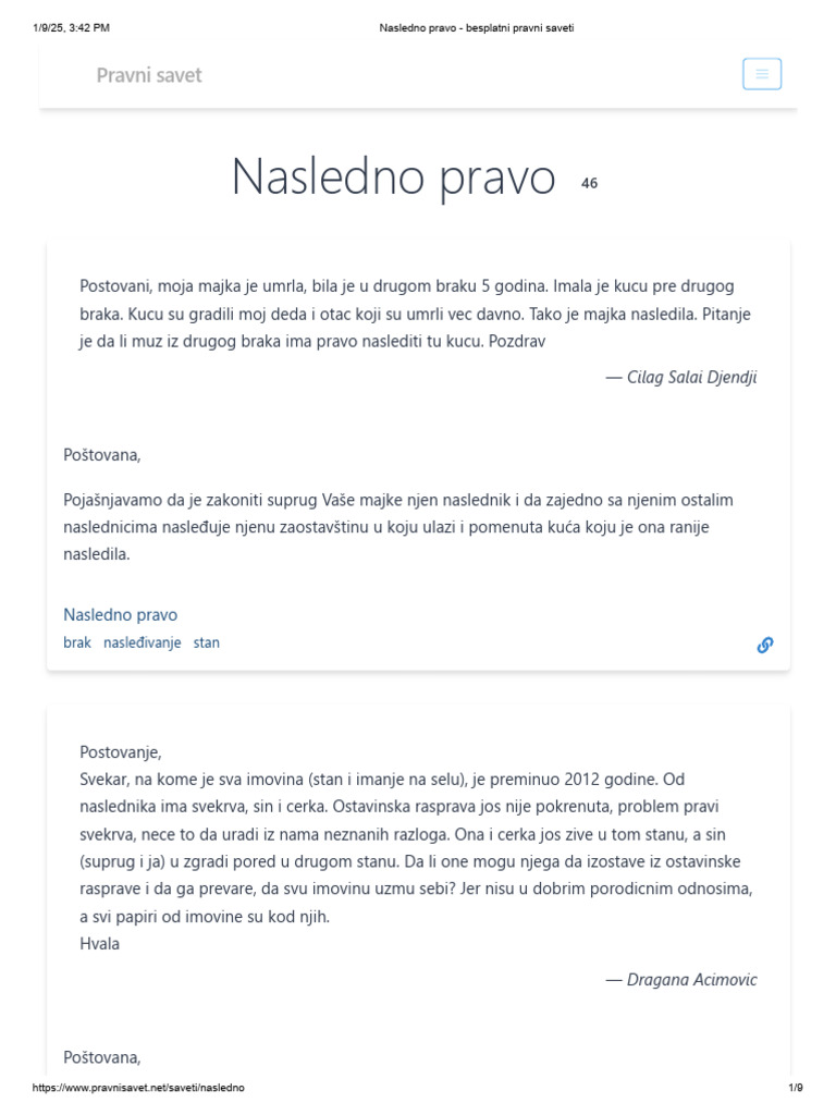Nasledno Pravo - Besplatni Pravni Saveti | PDF