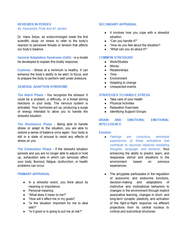 REVIEWER IN PERDEV | PDF | Stress (Biology) | Emotional Intelligence