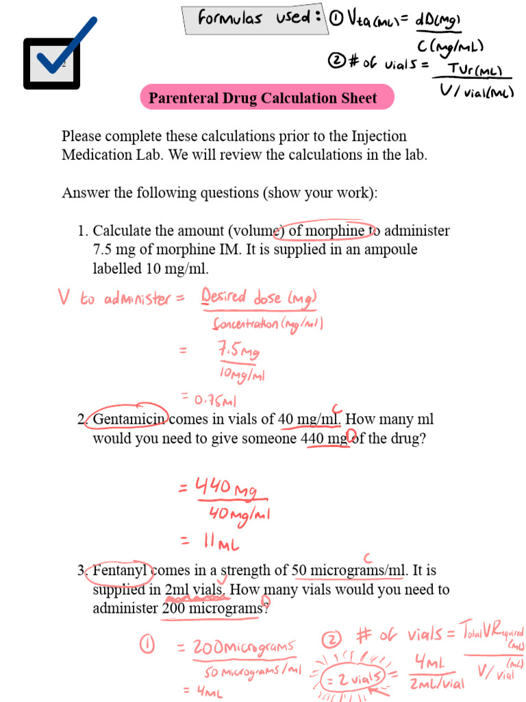 Parenteral Drug Calculation Sheet | PDF