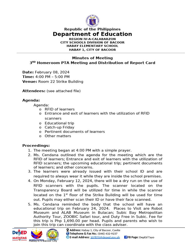 3rd PTA and 2nd QUARTER REPORT CARD MINUTES OF MEETING - FEB 08 | PDF