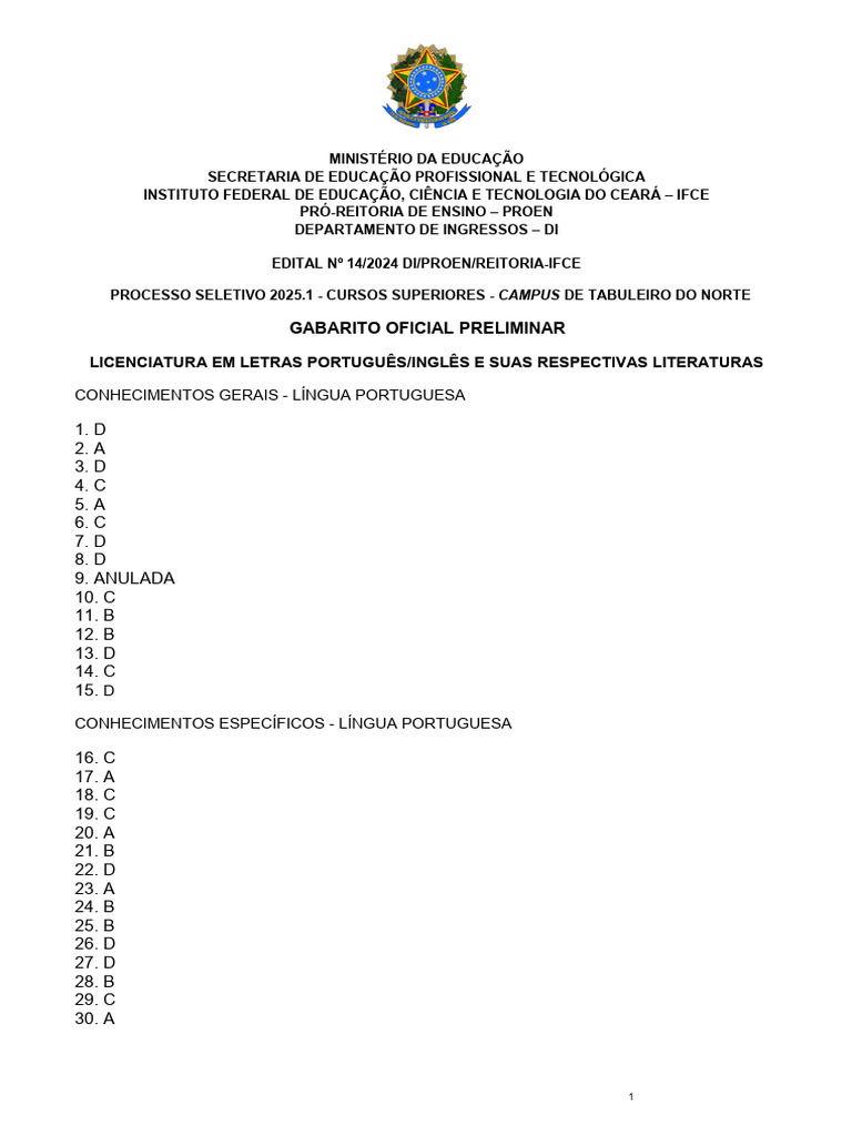 Gabarito Definitivo Letras | PDF