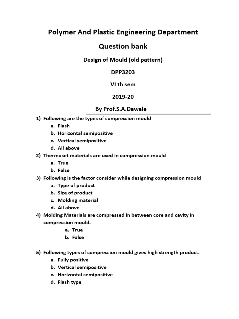 Polymer Diploma Design of Mould Dpp3203 Question Bank Old Syllabus | PDF | Industrial Processes ...