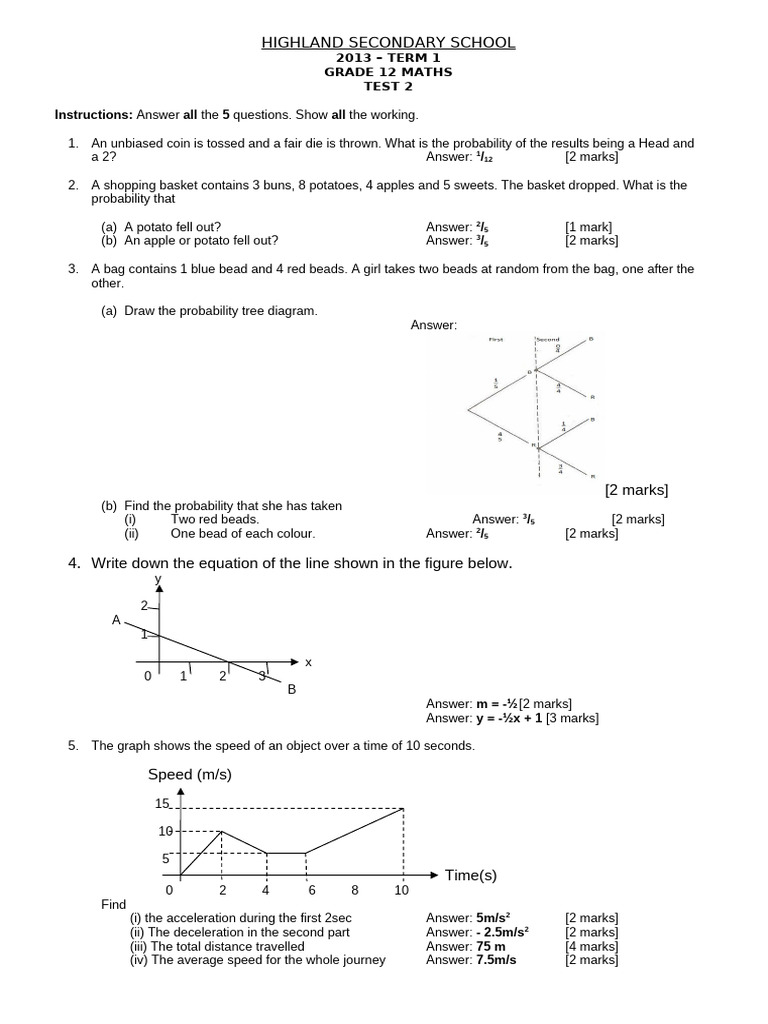 2013 - Grade 12 - Maths Term 1 Test 2 | PDF | Acceleration | Motion ...