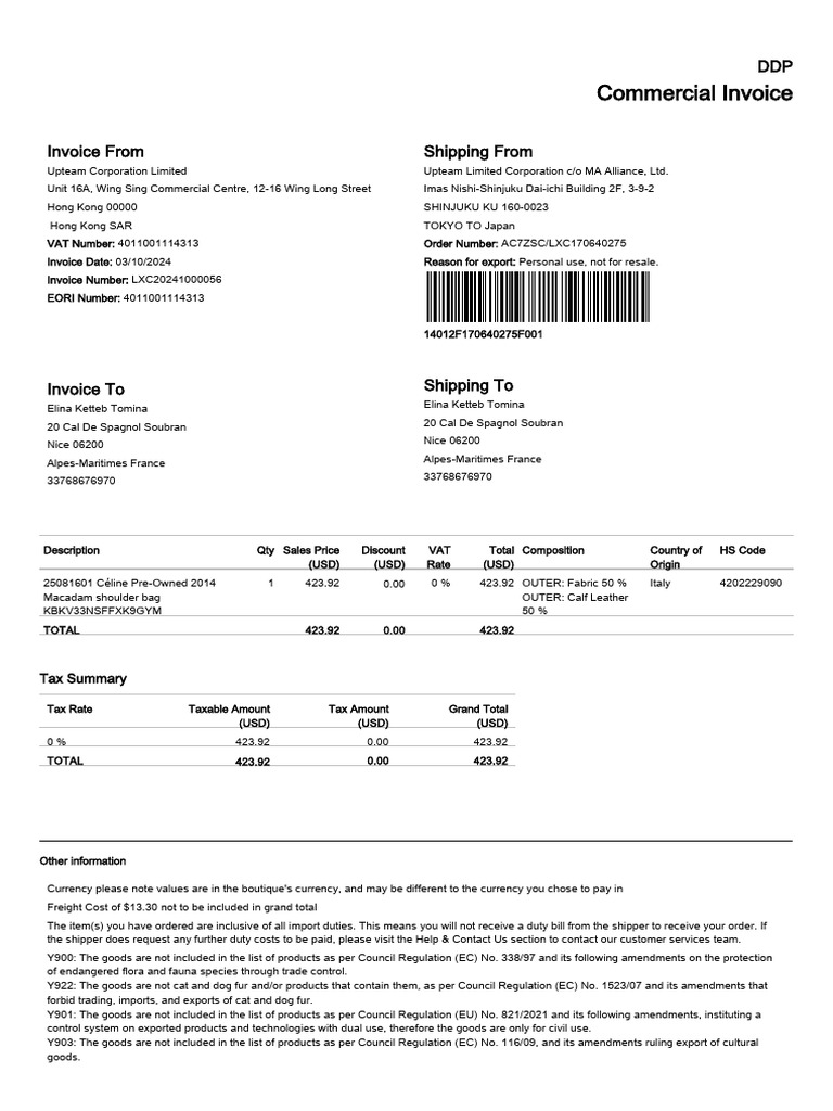 ComercialInvoice_LXC170640275 | PDF | Invoice | Value Added Tax