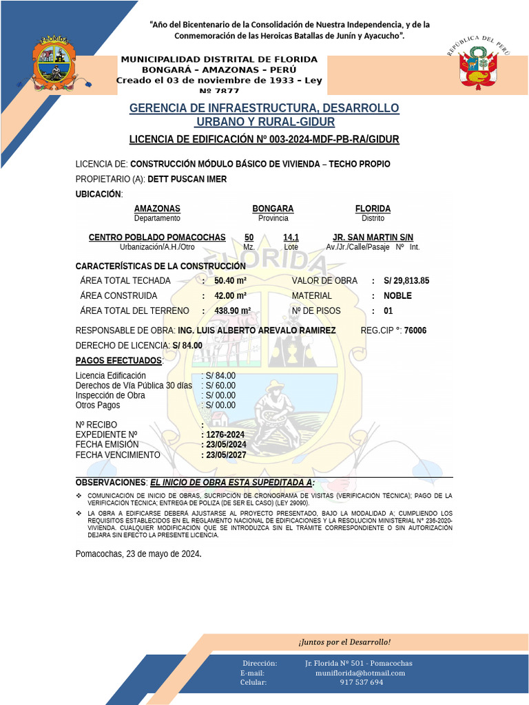 Licencia de Edificación #003-2024-Mdf-Pb-Ra-Gidur | PDF