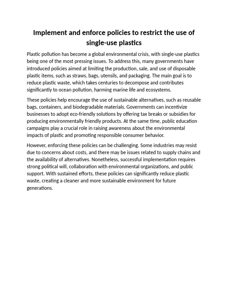 Implement and Enforce Policies To Restrict The Use of Single-Use Plastics | PDF