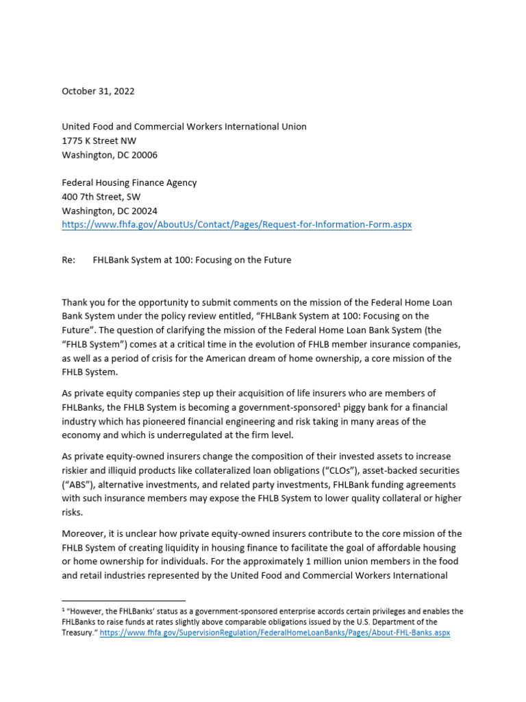 UFCW Comment Letter To FHFA 10312022 | PDF | Insurance | Securities ...