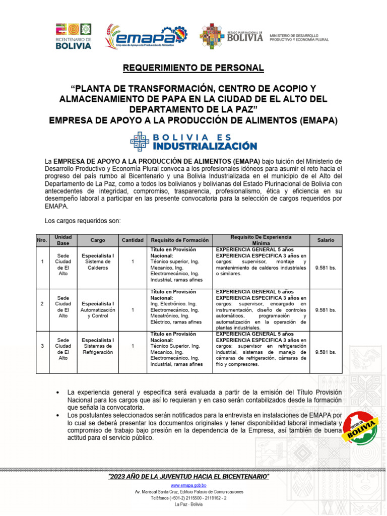 Convocatoria EMAPA: Requerimiento de Personal | PDF | Business | Ingeniería