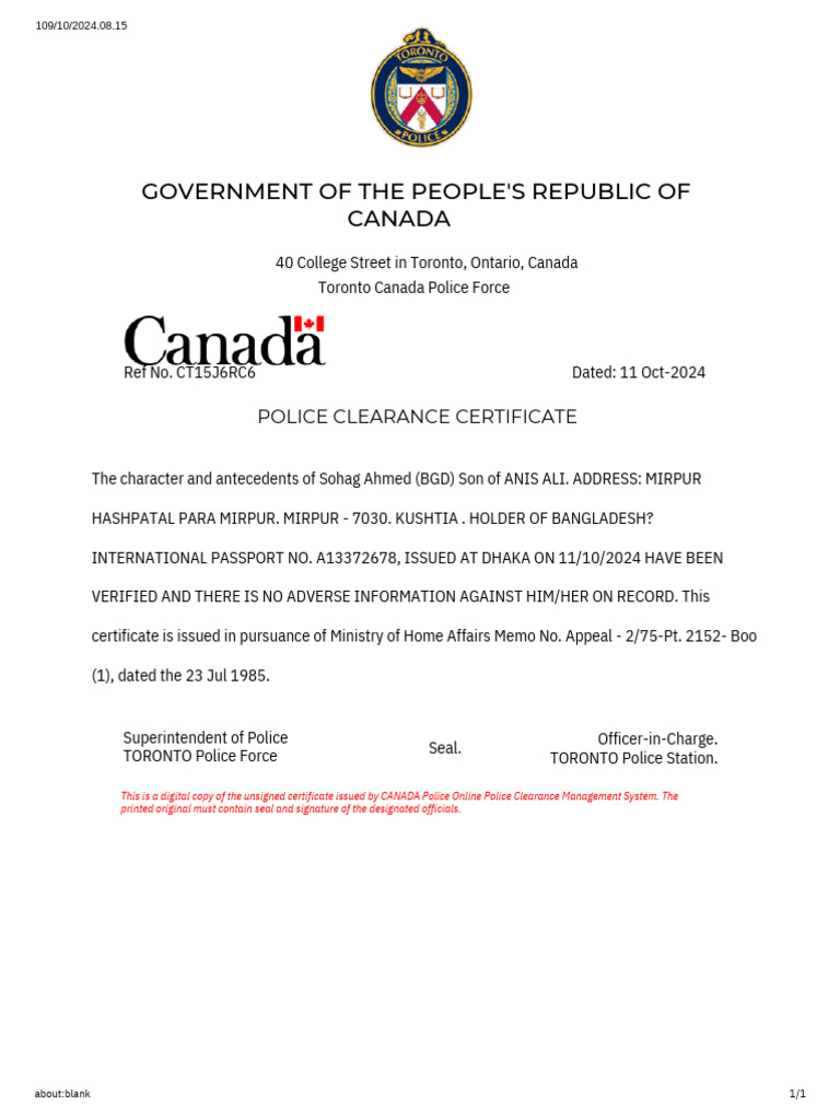 Canada Police Clearence PDF | PDF