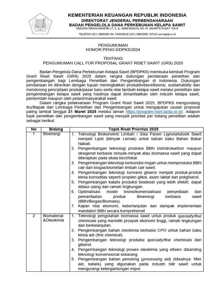 PENG-5 DPKS 2024 Pengumuman Call For Proposal Grant Riset Sawit GRS 2025 | PDF