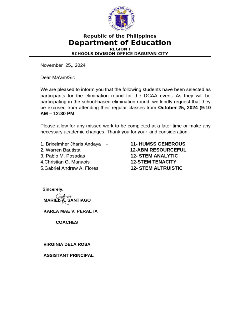 Excuse Letter For Chess Event | PDF