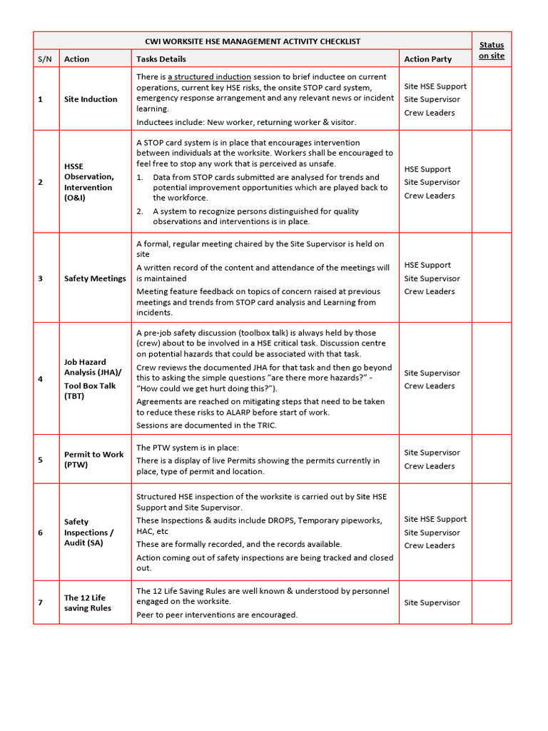 3. Worksite HSE Mgt Compliance Checklist | PDF | Occupational Safety ...