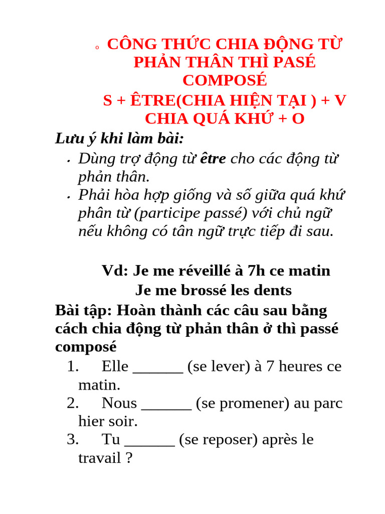 Công TH C Chia Đ NG T PH N Thân Thì Pasé Composé | PDF