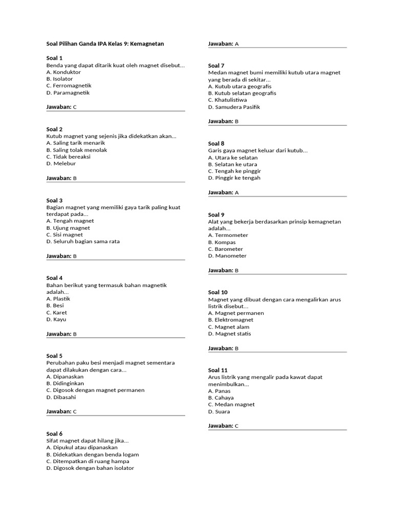 Soal Pilihan Ganda IPA Kelas 9 - Kemagnetan (Pengertian & Sifat Magnet) | PDF