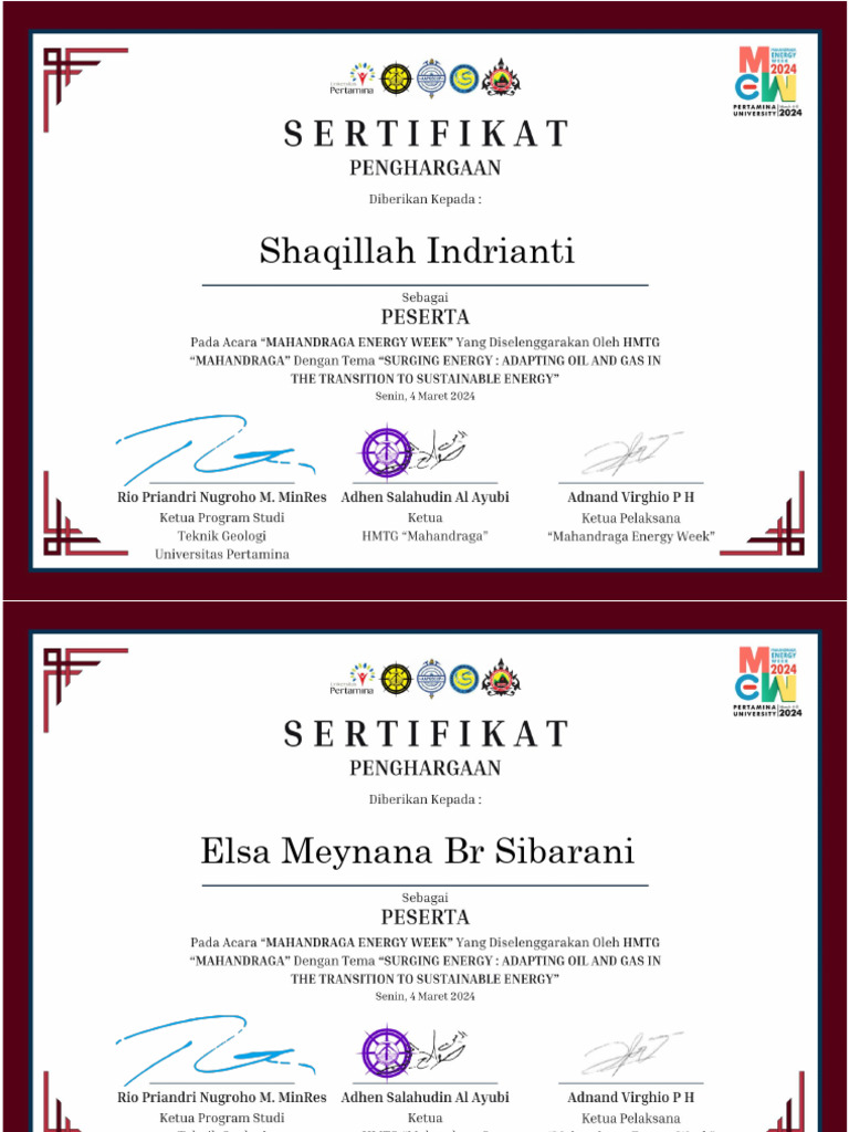 Sertifikat Peserta Seminar Petroleum MEW_2024_GL | PDF