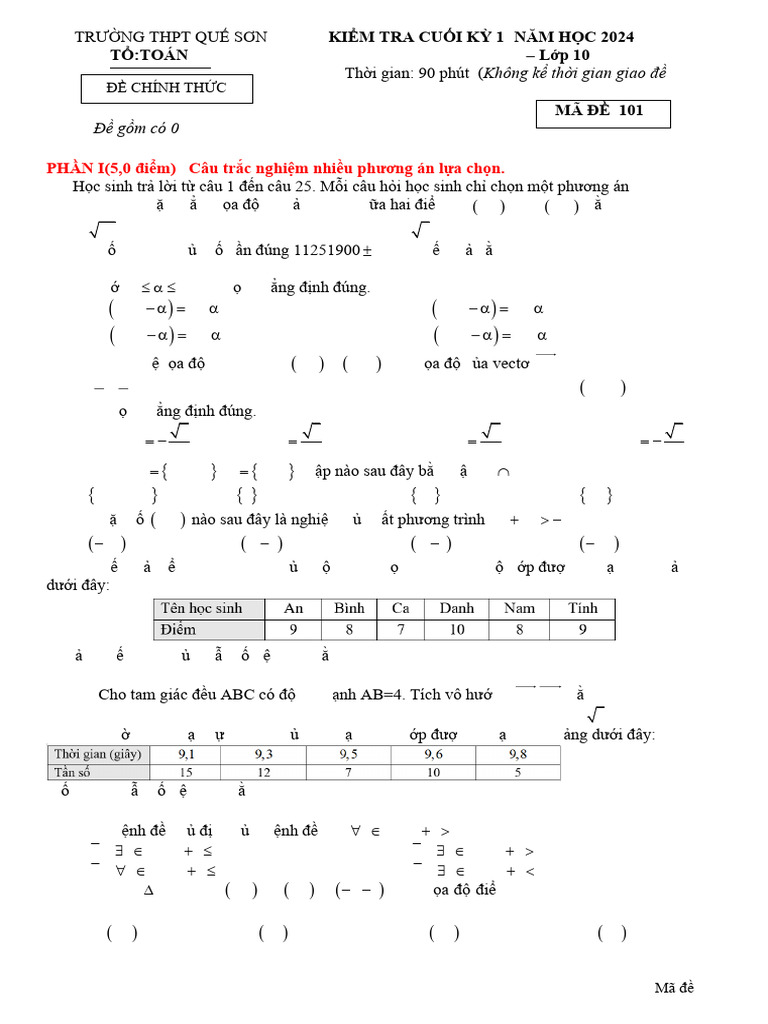 De Cuoi Ky 1 Toan 10 Nam 2024 2025 Truong THPT Que Son Quang Nam | PDF