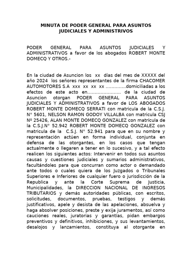 MODELO DE PODER GENERAL para ASUNTOS JUDICIALES Y ADMINISTRATIVOS | PDF ...