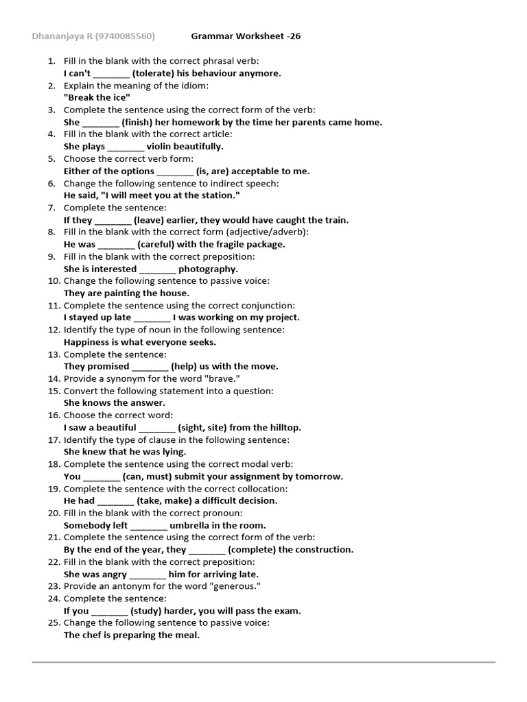 Grammar Worksheet 26: Verb Forms & More | PDF | Verb | Sentence ...