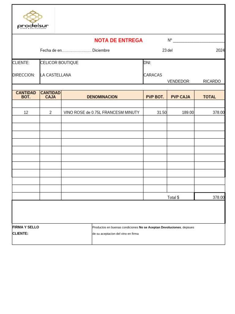 Nota de Entrega Manual Clientes Prodelsur | PDF
