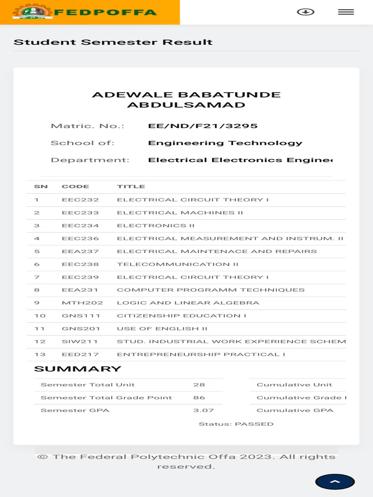 FEDPOFFA Portal Student Semester Result 2 | PDF