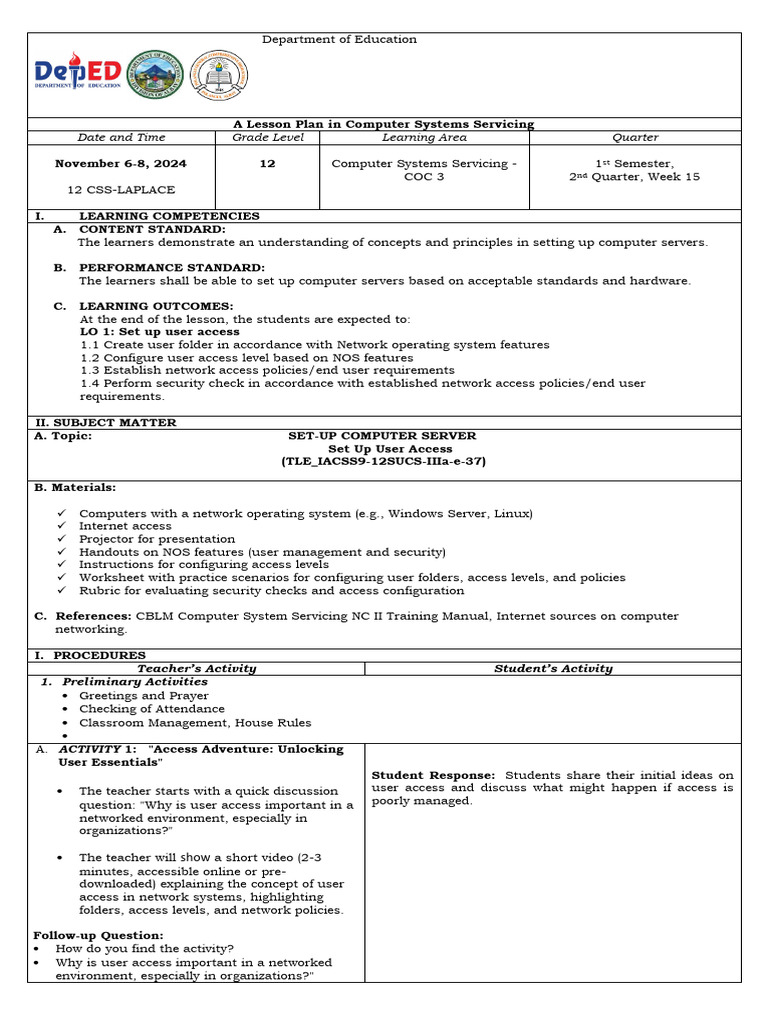 DLP - Css Coc 3 - Samper - q2wk15 Coc 2 Setup Computer Server Lo1 Set Up User Access | PDF ...