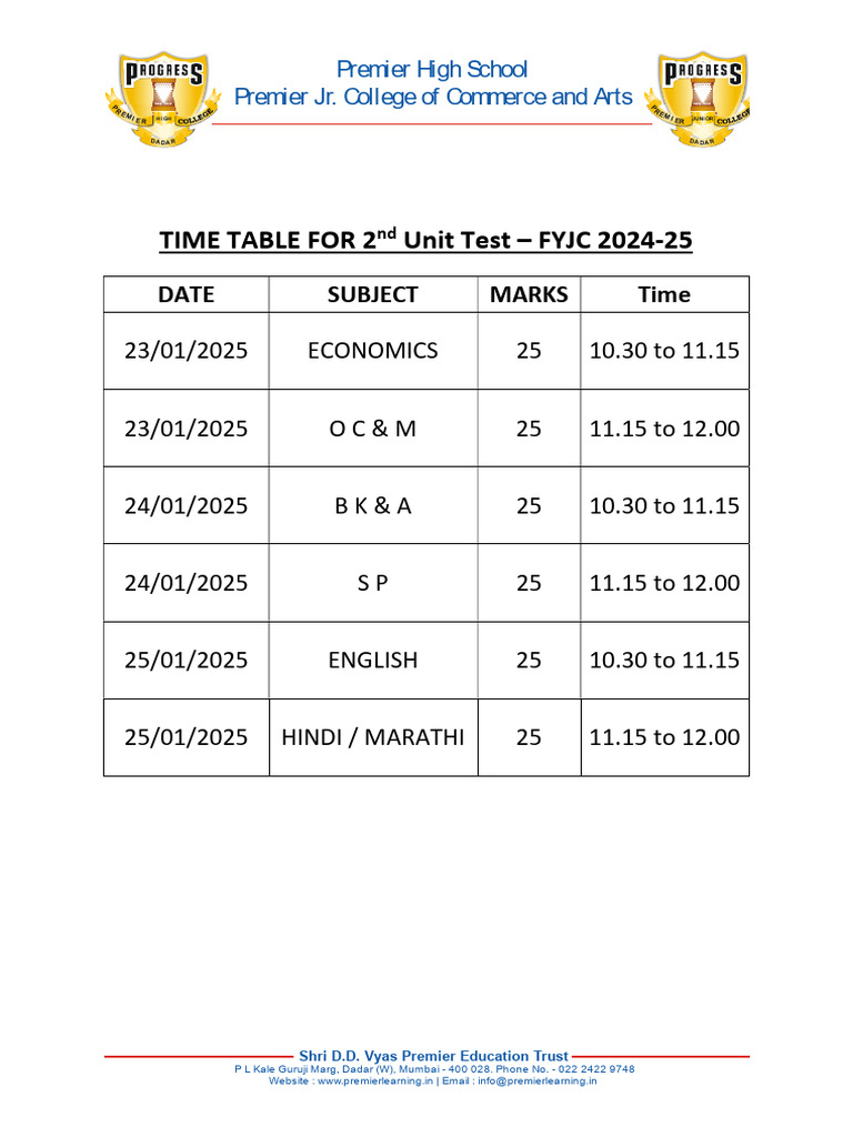 PJC - 2 Unit Test Time Table | PDF