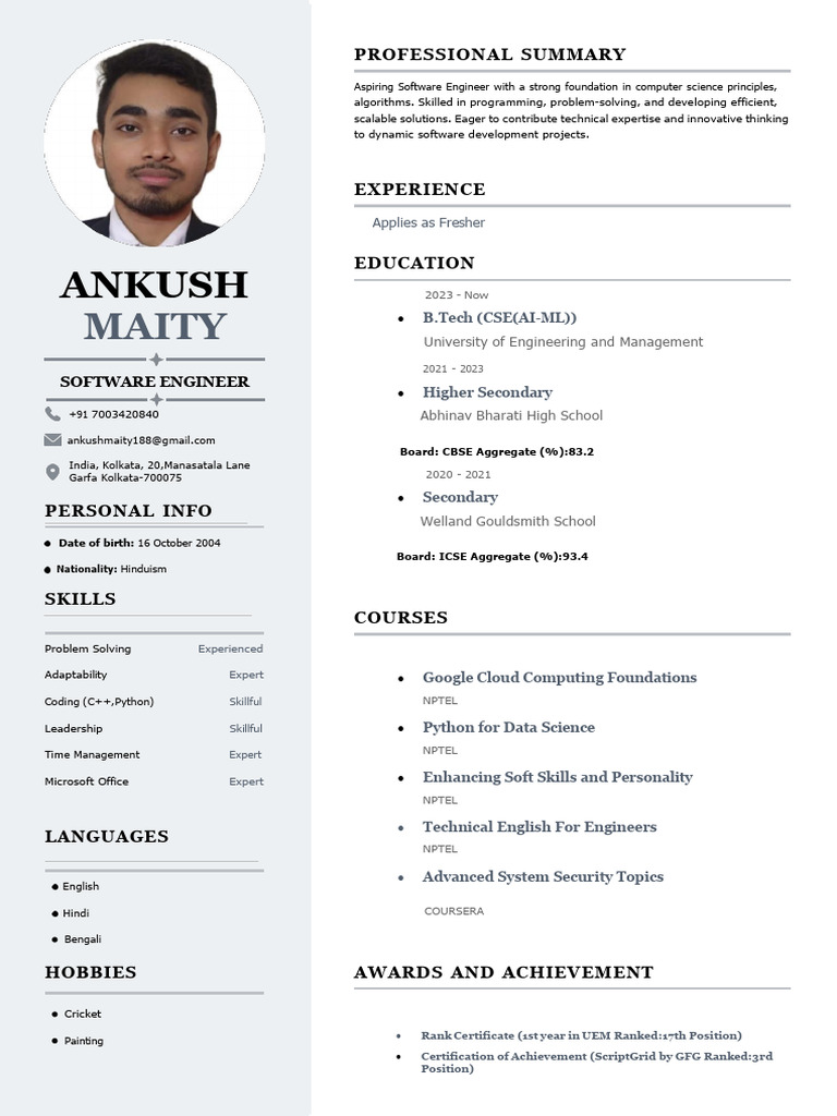 Ankush - Maity - 12023002028063 - Resume | PDF | Computing | Computer Science