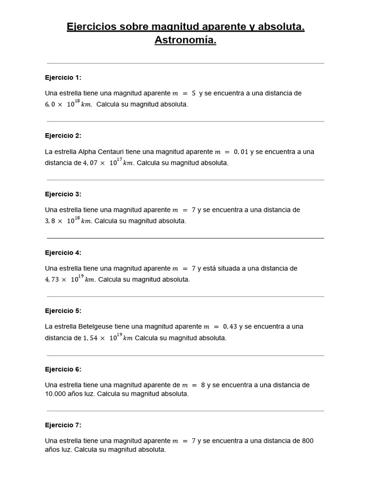 Ejercicios de Magnitud Aparente y Absoluta | PDF | Estrellas | Magnitud ...