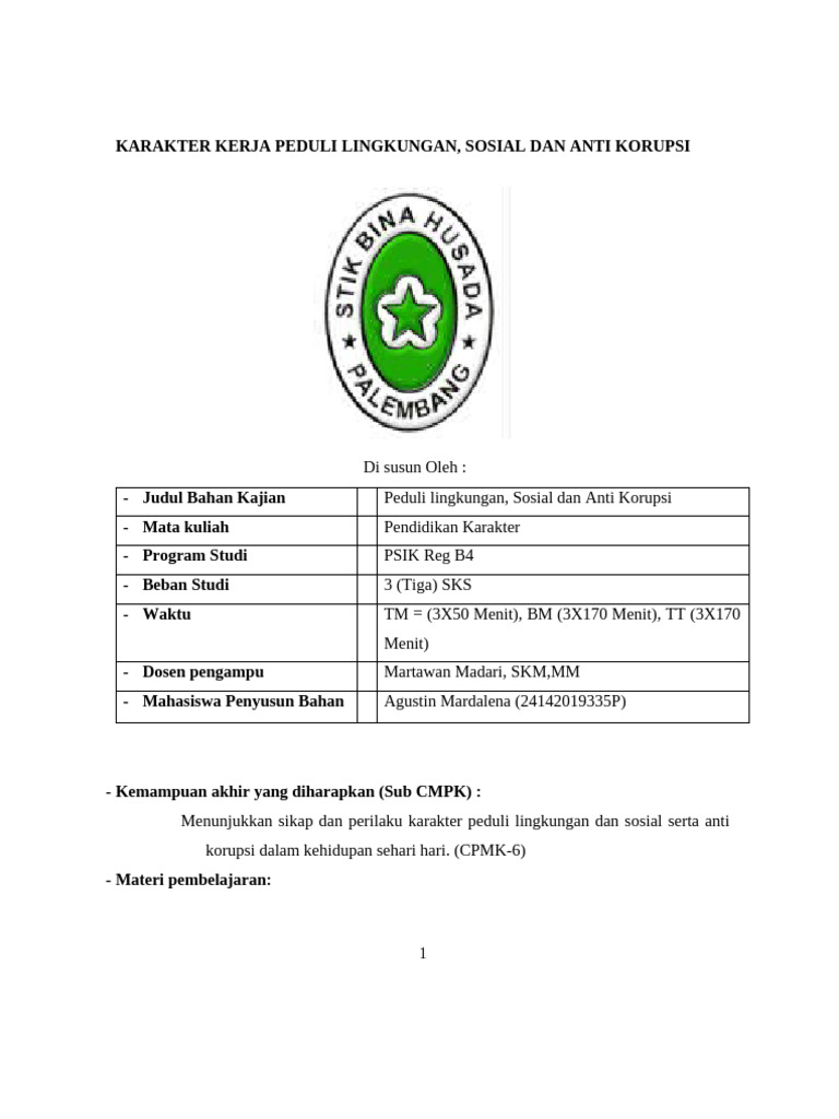 PK-peduli Lingkungan, Sosial Dan Anti Korupsi I Sub CPMK Ke 6-PSIK-RB4-24-AGUSTIN MARDALENA ...