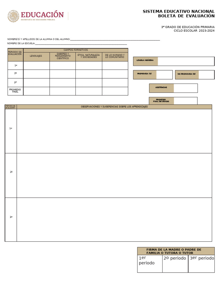 BOLETA DE EVALUACION TERCERO EDITABLE | PDF